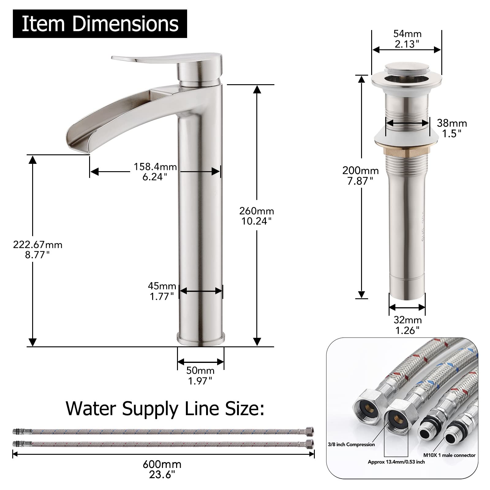 Phiestina Brushed Nickel Tall Bathroom Vessel Sink Faucet, Single Hole Single Handle Waterfall Modern Bathroom Faucet, with Pop Up Drain and Water Supply Line, NS-SF01-BN-V