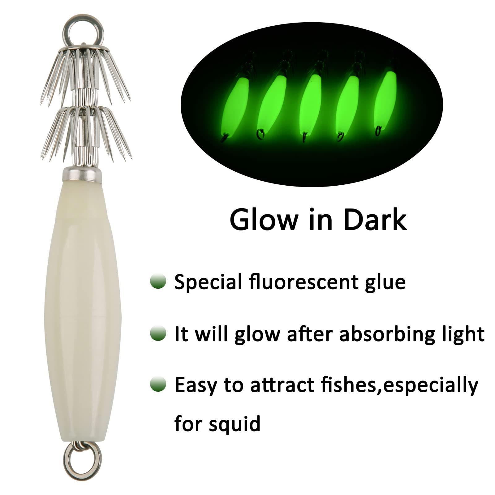 Luminous Squid Jig Hooks 8pcs Glow Squid Jigs Fluorescent Cuttlefish Sleeve Jig Squid Baits Lures Hard Fishing Octopus Lures Set with Tackle Box Saltwater Freshwater