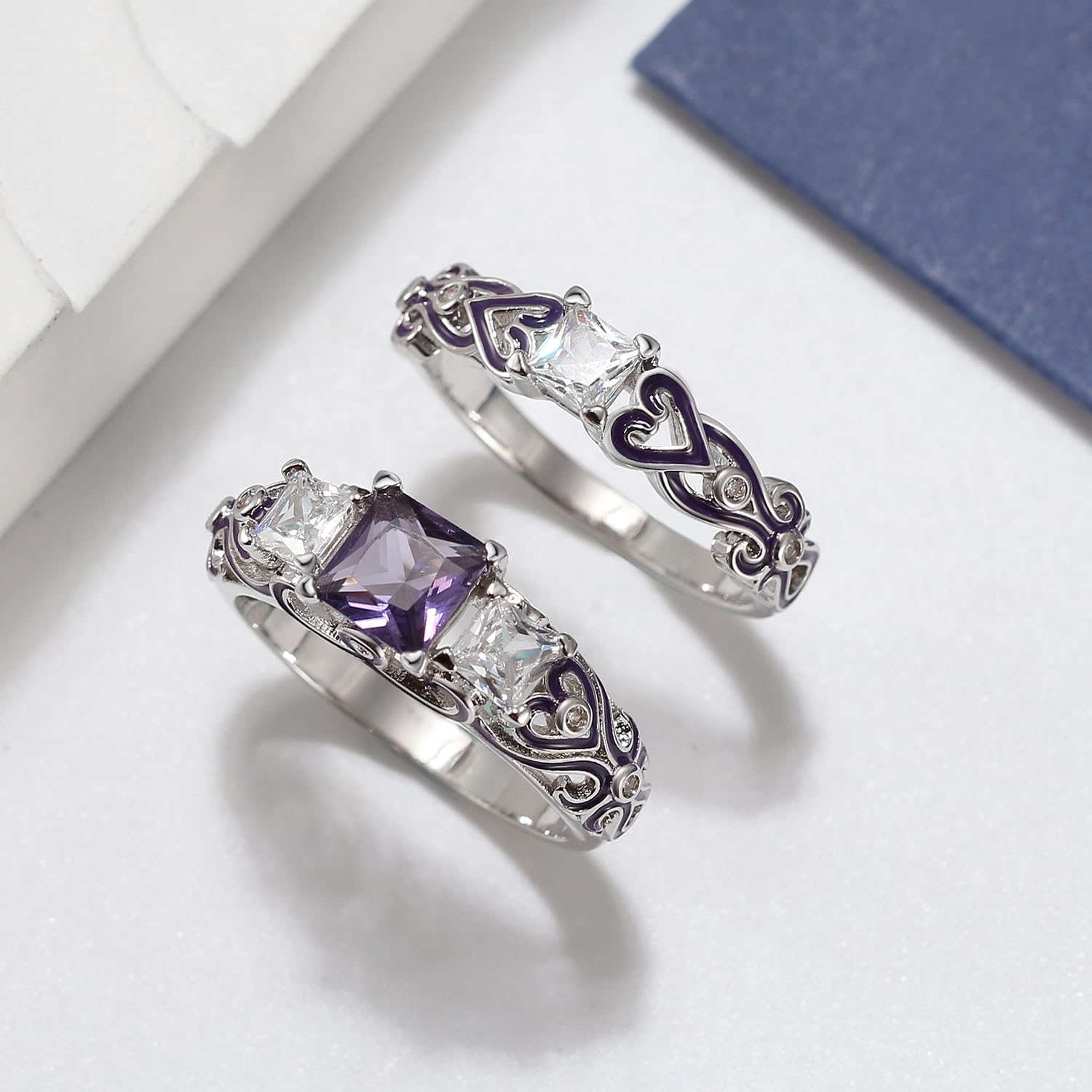 Ginger Lyne Collection Cherri Purple Princess Cut Engagement Wedding Band Bridal Set Size 8