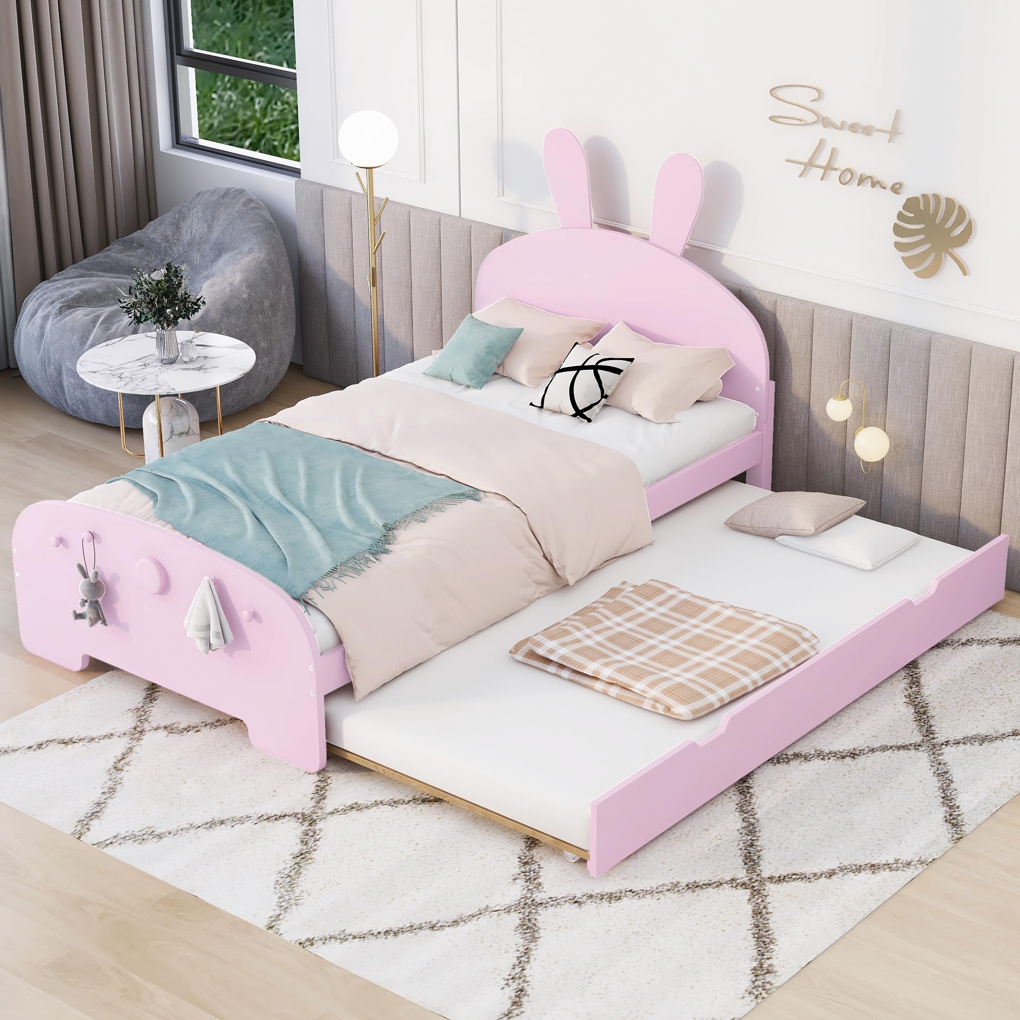 HABUHOME Wood Twin Size Platform Bed with Cartoon Ears Shaped Headboard and Trundle, Pink