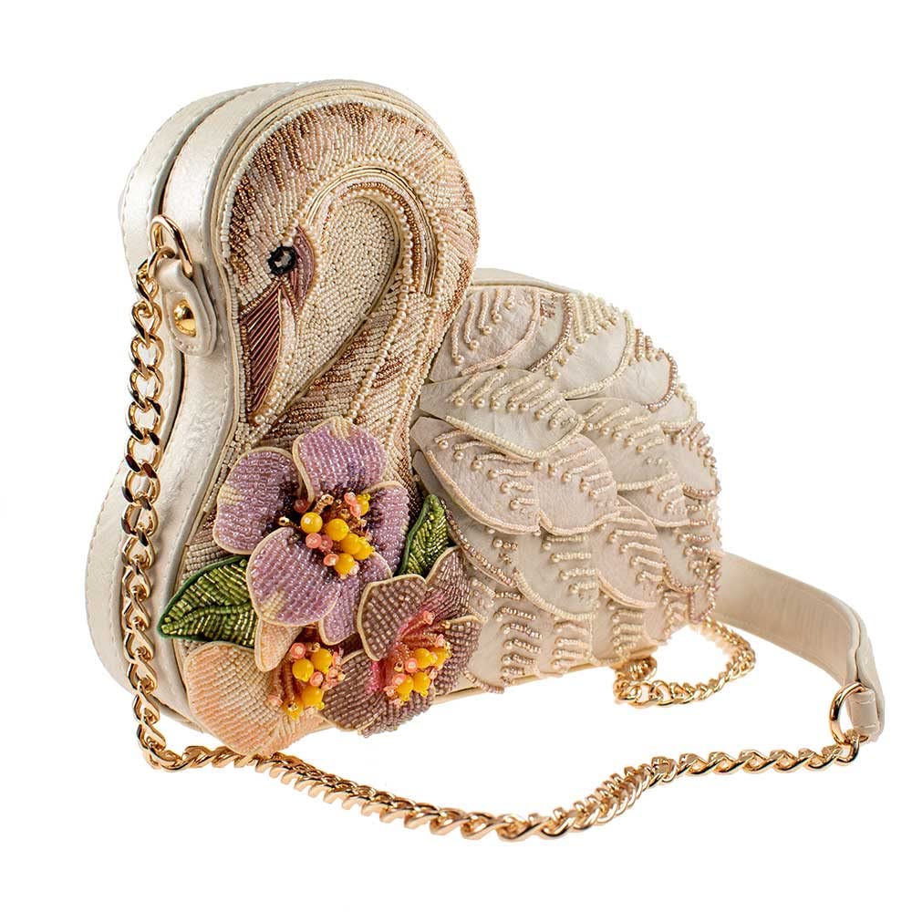 Mary Frances Gliding Along Beaded Crossbody Swan Novelty Handbag, Ivory