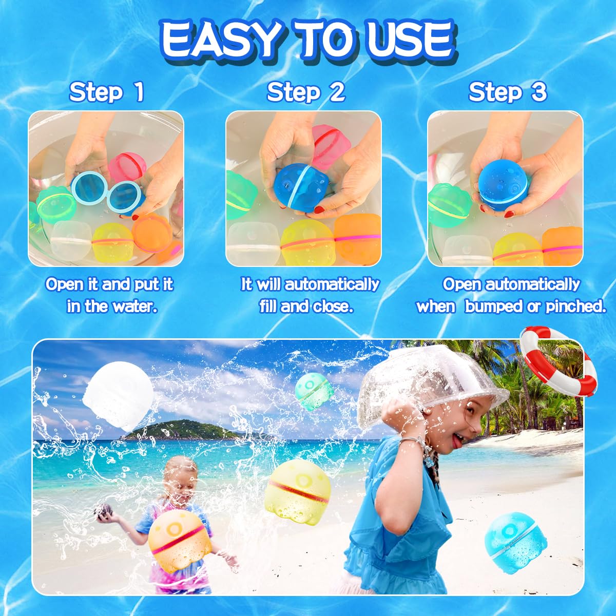Hiliop 16PCS Reusable Water Balloons for Kids, Splash Refillable Water Balloons Bombs Self Sealing Quick Fill Magnetic with Mesh Bag