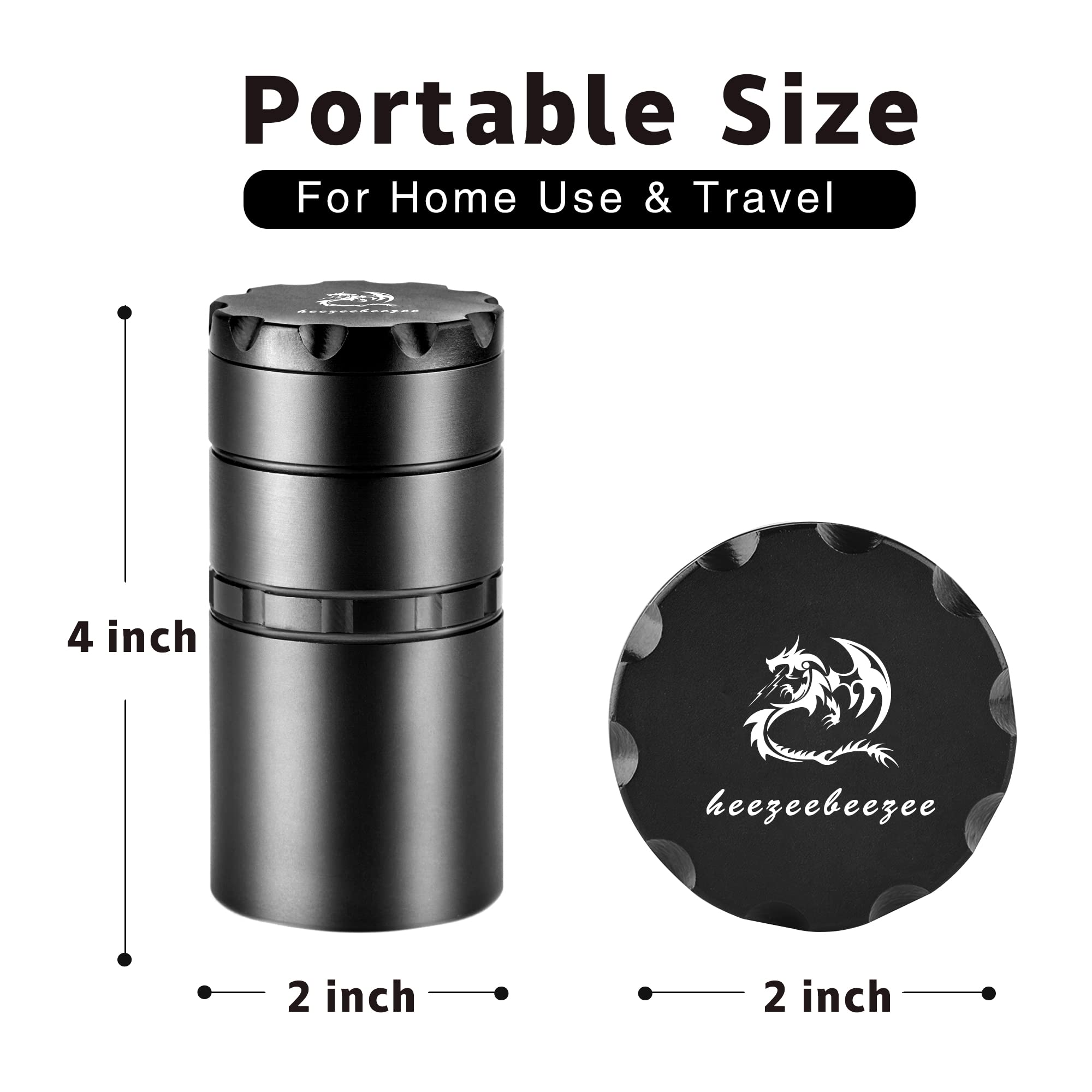 HeezeeBeezee 2 Inch Spice Grinder with Large Capacity Storage Container (Black)