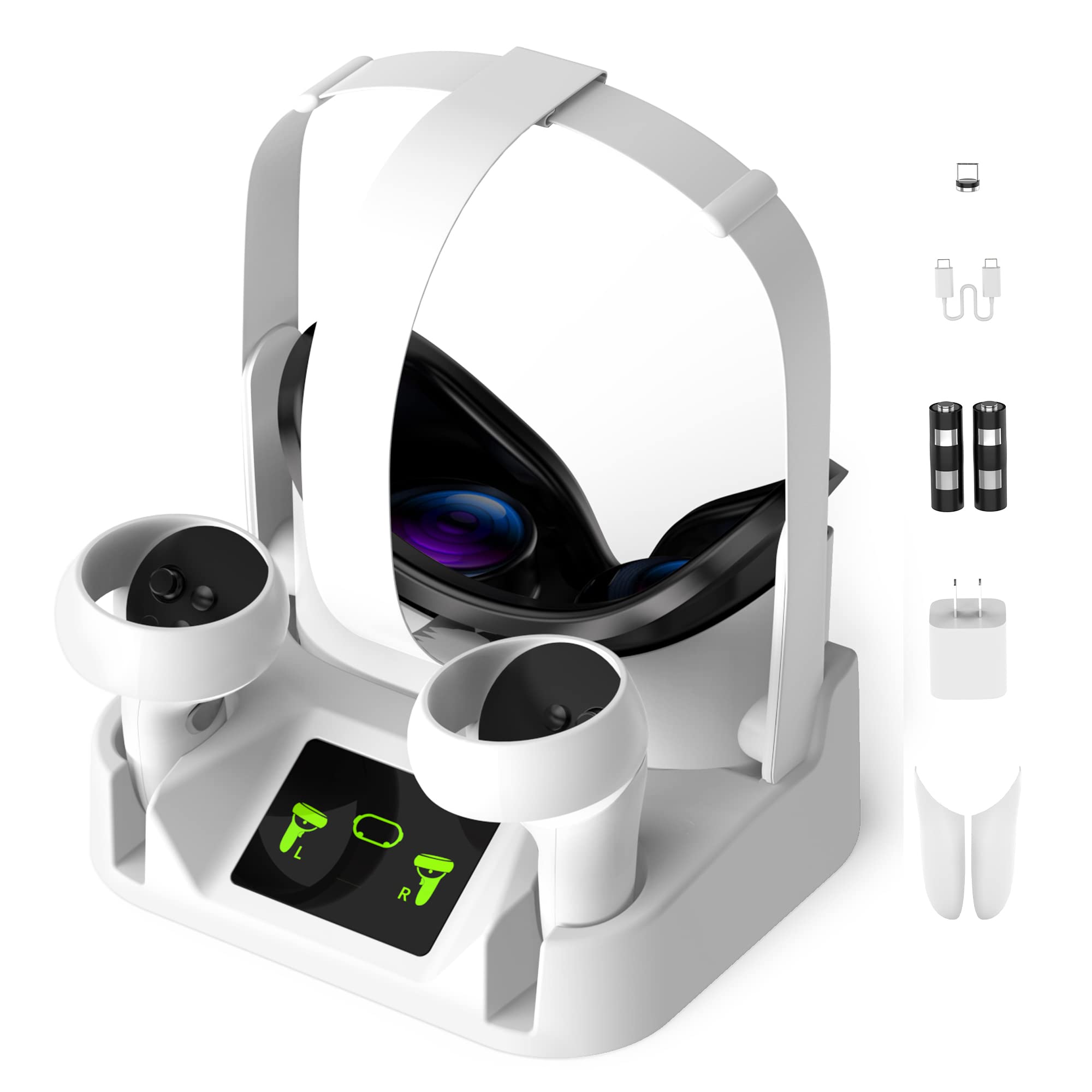Kuject Charging Dock for Quest 2 with LED Display, Compact Charging Station for VR Headset and Controllers, Magnetic Charging Stand Accessories with 2 Rechargeable Batteries, USB-C Charger and Cable