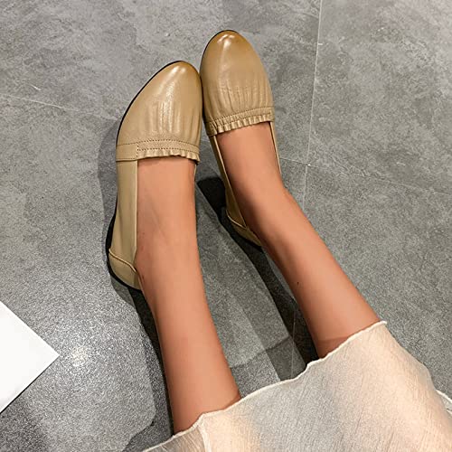 Ladies Fashion Solid Color Leather Folds Shallow Soft Sole Flat Casual Shoes Loafer Heel Khaki