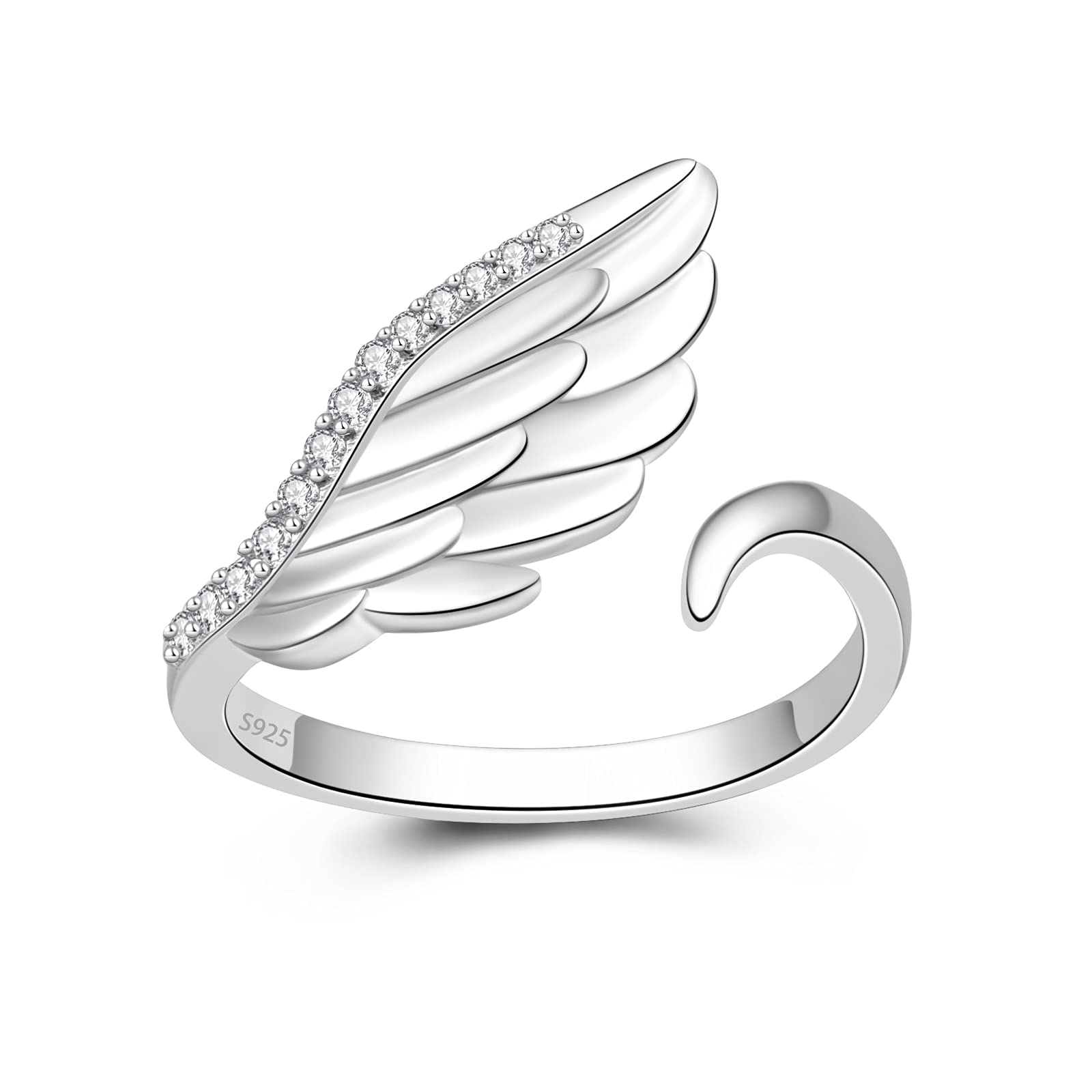 Hioed 925 Sterling Silver CZ Jewelry Feather Angel Wing Open Ring Adjustable Rings for Women Gifts