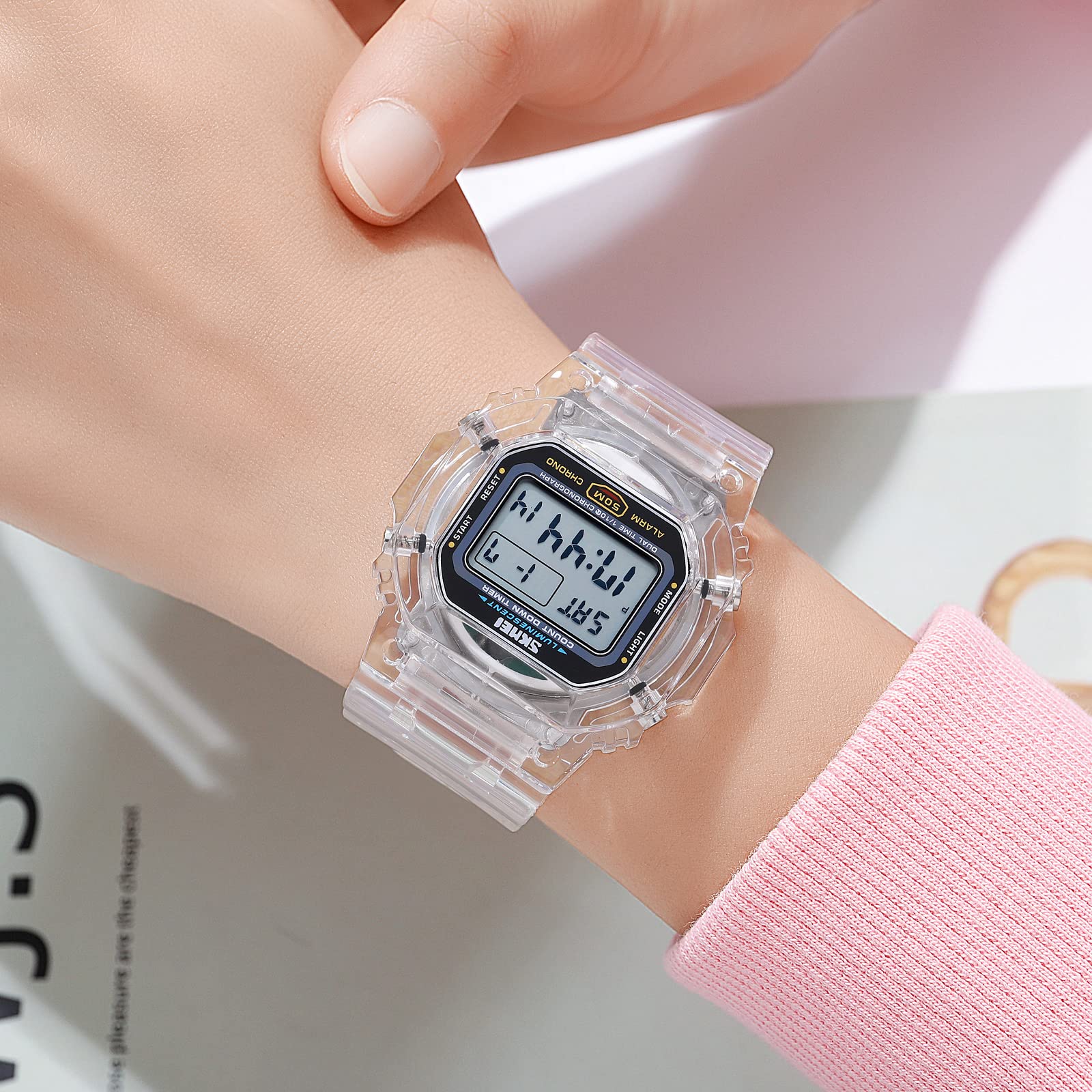 Gosasa Women's Men Youth Square Full Transparent Digital Watch Chronograph Countdown Dual Time Waterproof Watch