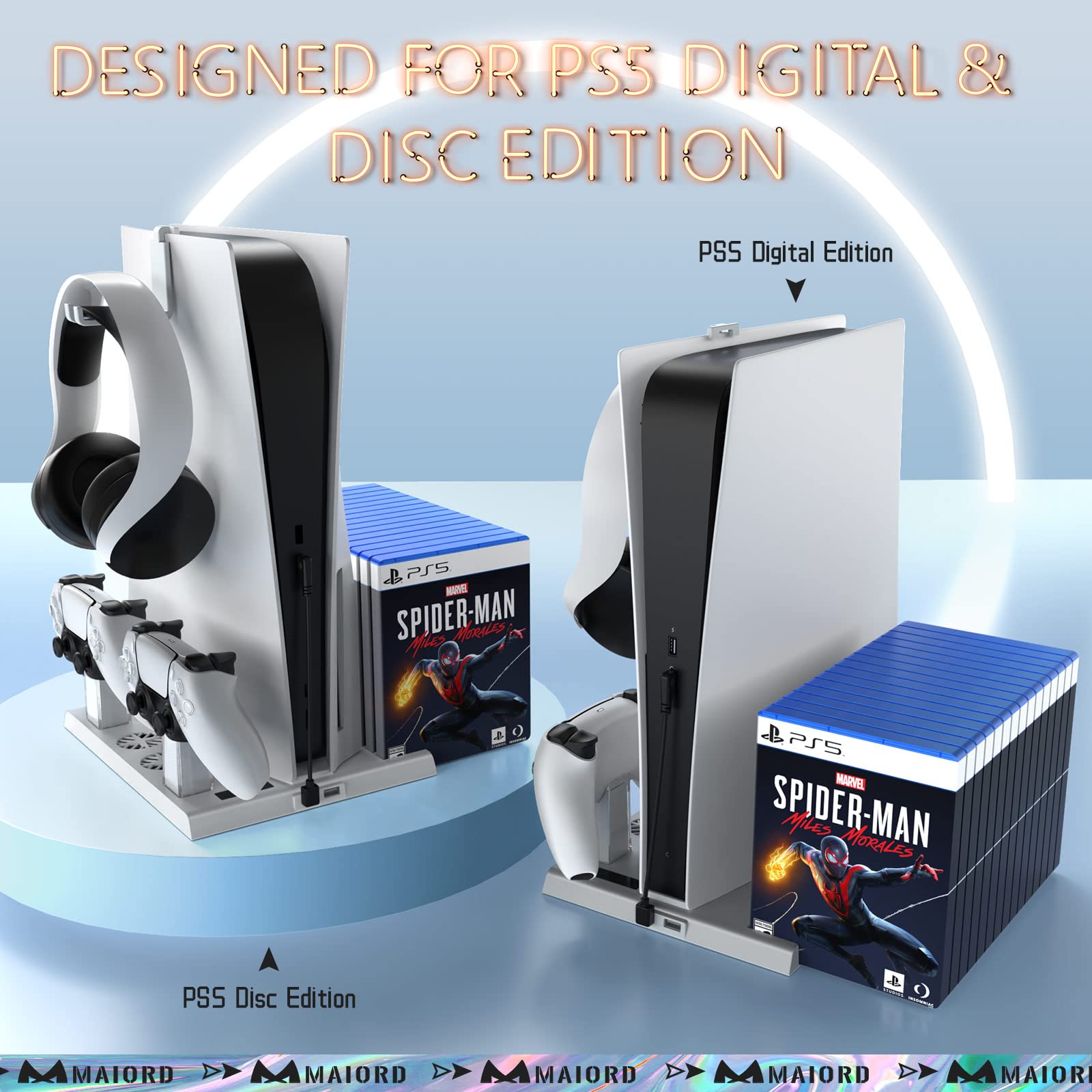MAIORD PS5 Stand with Suction Cooling Fan and Dual Controller Charger, Suitable for Play Stations 5 Console, PS5 Accessories Include Charging Dock, Headset Holder, 15 Games Storage (White)