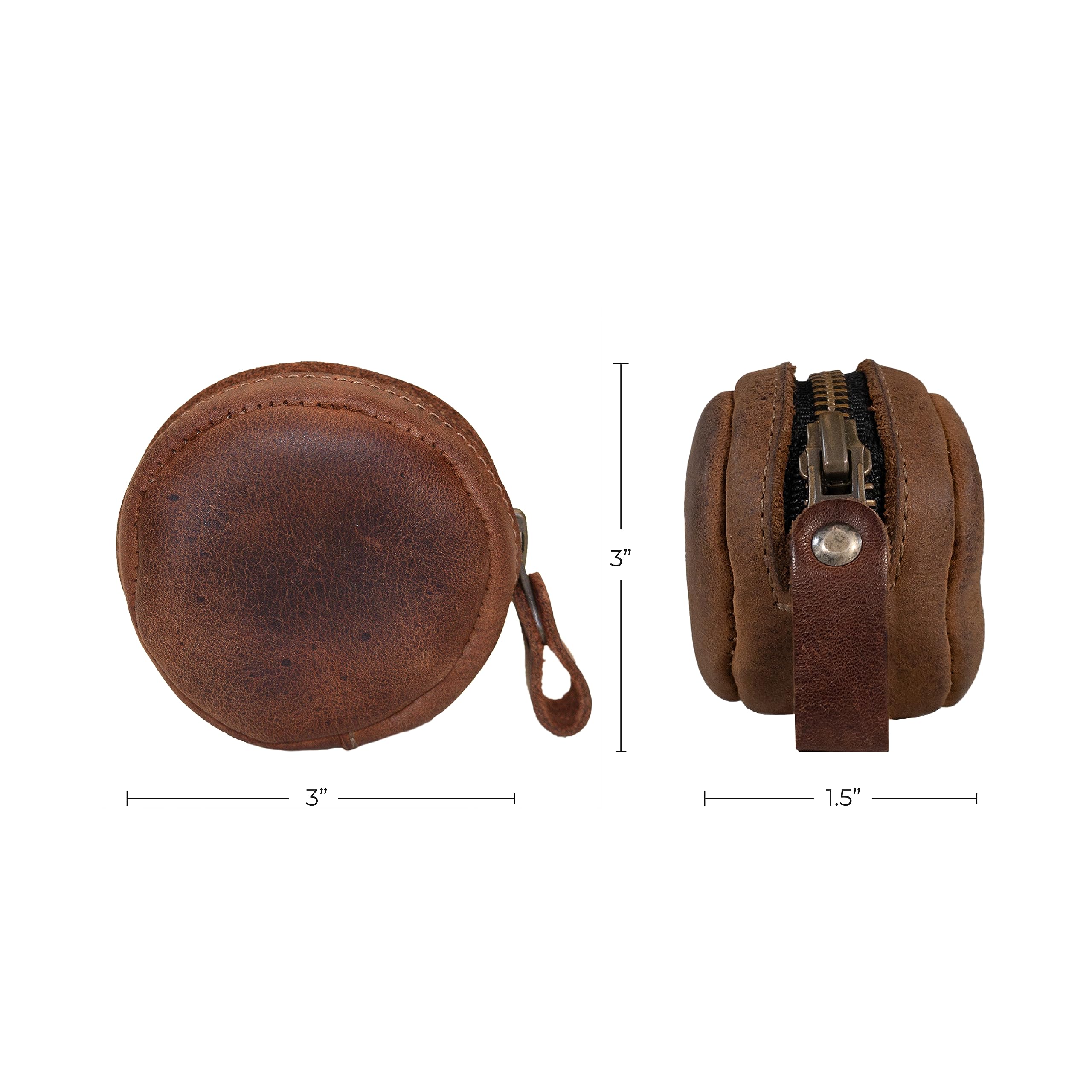 Hide & Drink, Rounded Coin Case, Zippered Wallet, Travel Pouch, Full Grain Leather, Handmade, Bourbon Brown