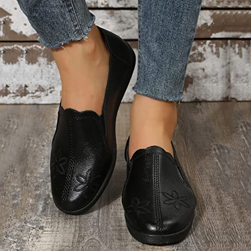 Ladies Fashion Solid Color Leather Flower Embroidery Flat Comfortable Casual Shoes Rubber Sole Shoe