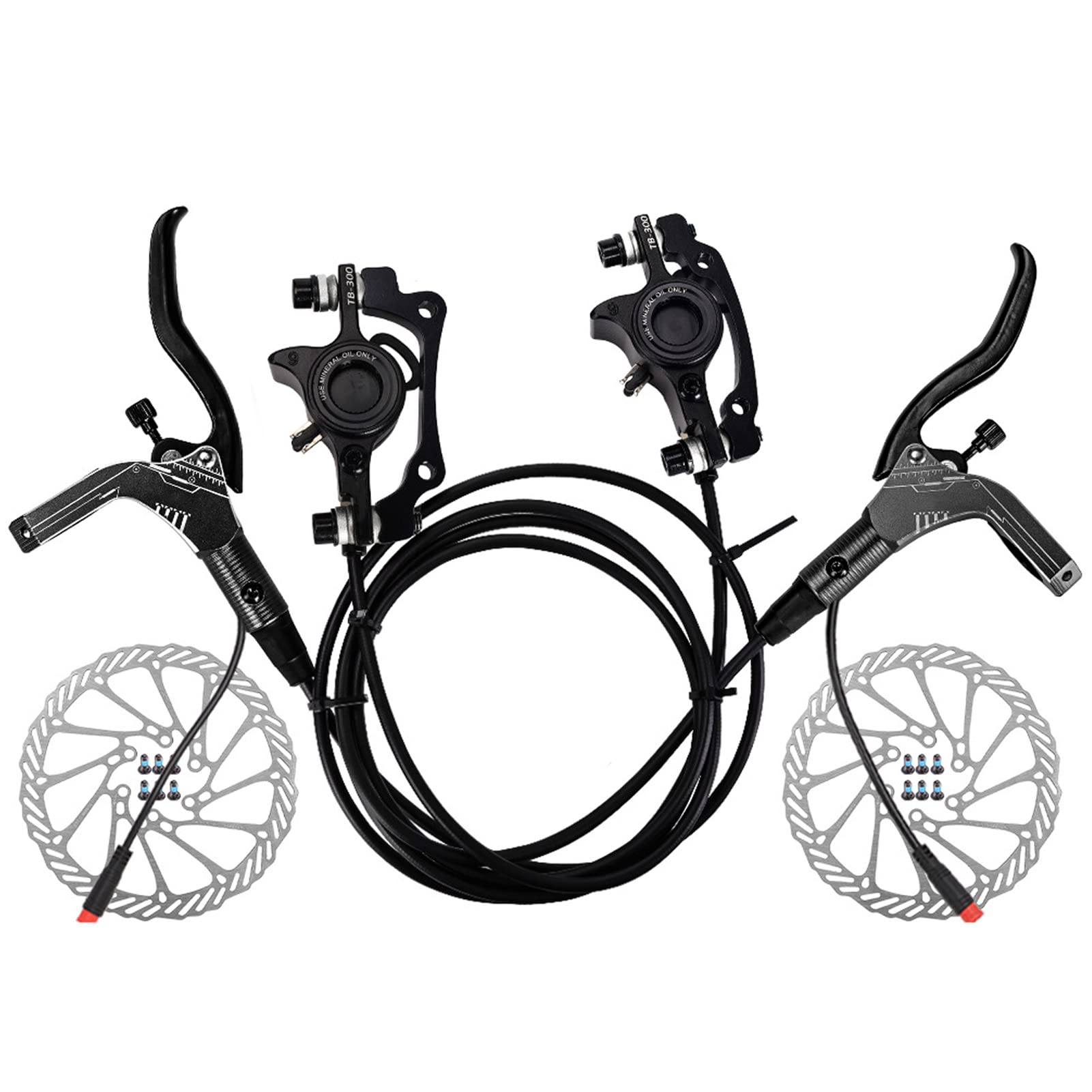 JFOYH E-Bike Electric Power-off Hydraulic Brake Set with 160mm Rotors, Front and Rear Hydraulic Disc Brake Caliper Lever for Ebike (Pre-Bled & Included Mount Adapter)-Black