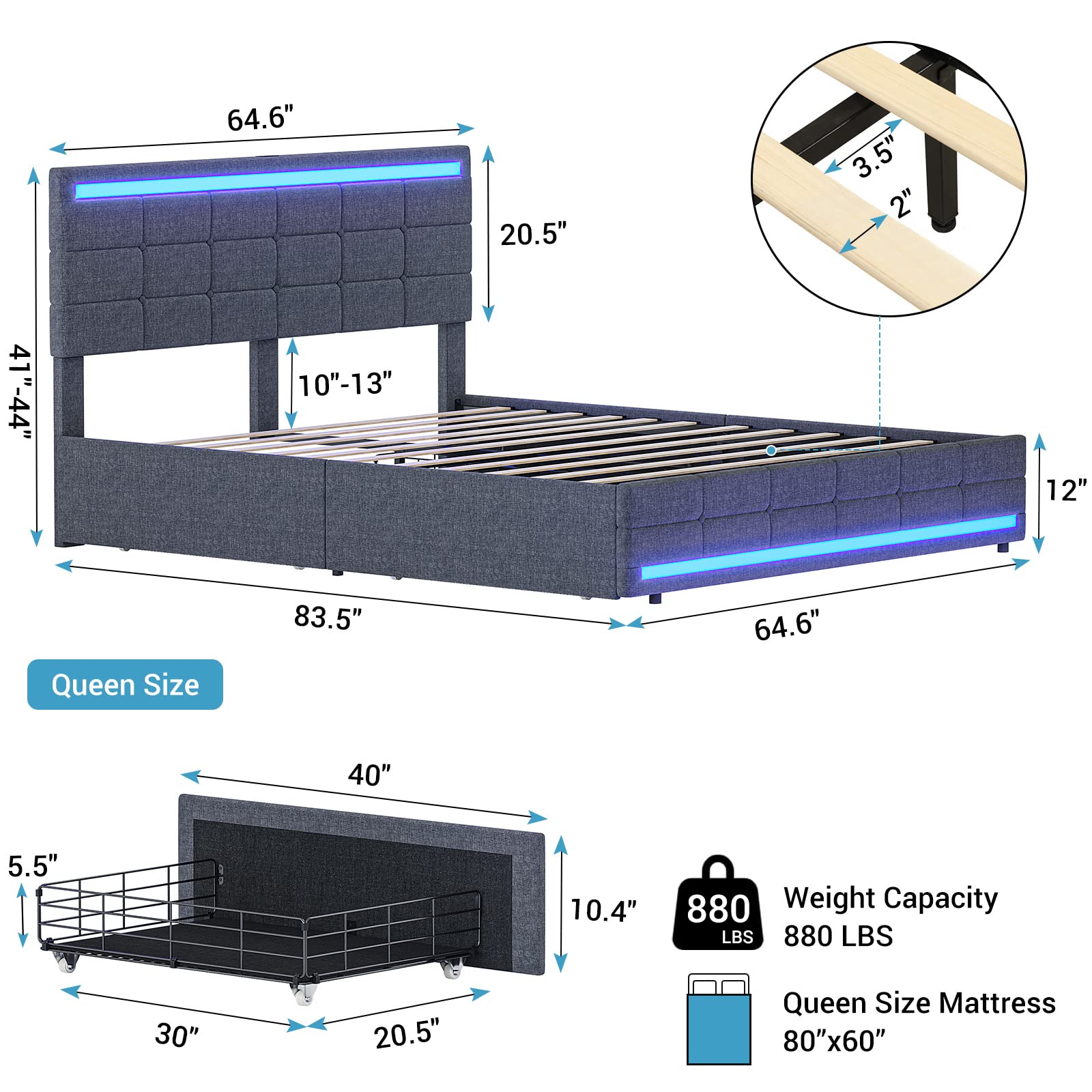 HAUOMS Queen Platform Bed with 4 Storage Drawers, Adjustable Headboard LED Lights, Dark Grey
