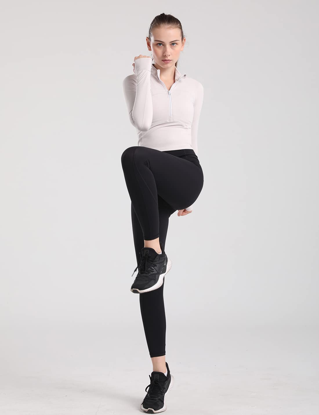 Locachy Women's Slim Fit Half Zip Workout Yoga Jacket Athletic Running Track Tops with Thumb Holes White Medium