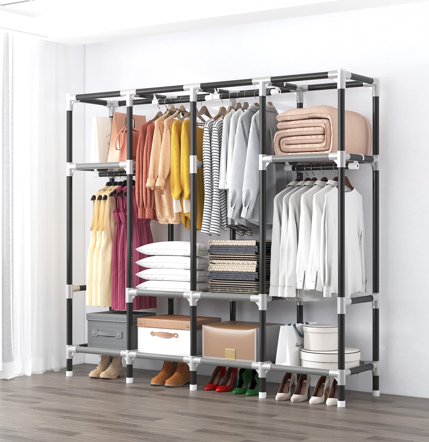 KEKIWE Portable Closet, 69 Inch Wardrobe Closet for Hanging Clothes with 4 Hanging Rods, 8 Storage Shelves, Side Pockets, Strong and Durable 25mm Metal Tube, Quick and Easy to Assembly, Grey