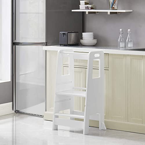 Kid's Wooden Kitchen Step Stool, 220lbs Capacity, Adjustable Platform Standing Tower, with Safety Guardrail Child Studying Tower, Toddler Stool for Bathroom, Cooking Helper๏ผWhite