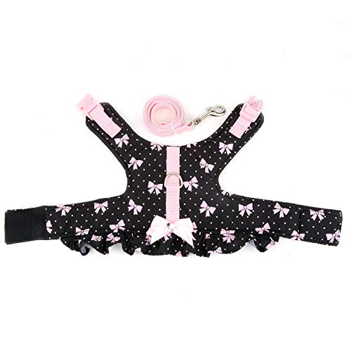 Zunea No Pull Small Dog Girl Harness Dress Escape Proof Cat Kitten Vest Harness Leash Set Step-in Soft Cotton Padded Polka Dot Jacket Chihuahua Puppy Clothes with Cute Bow for Walking Black M