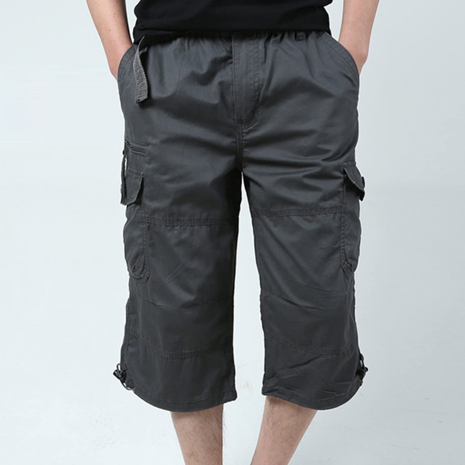 Men's Relaxed Fit 3/4 Cargo Shorts Twill Elastic Waist Multi Pocket Capri Pants Casual Loose Fit Below Knee Short (Grey,Medium)