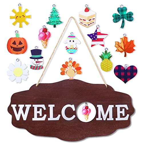Hooqict Interchangeable Seasonal Welcome Sign Rustic Wood Wall Hanging Welcome Sign for Front Door Home Holiday Halloween Fall Christmas Valentines Decorations