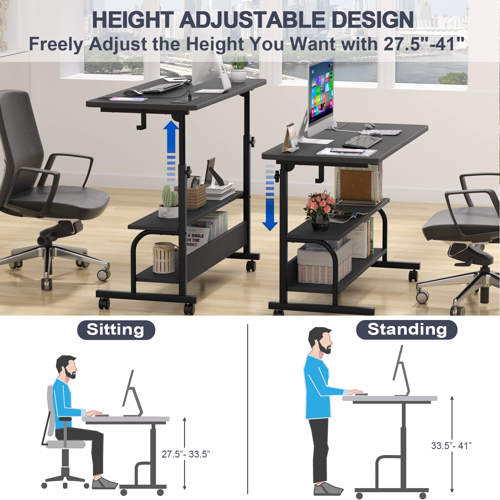Height Adjustable Standing Desk with Power Outlets, 39" Manual Stand Up Desk with Storage Shelves Small Mobile Rolling Computer Desk Portable Laptop Table with Wheels for Home Office, Black