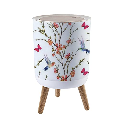 Small Trash Can with Lid Seamless Floral with Hand Drawn Hummingbirds Tropical Japanese Flowers Round Recycle Bin Press Top Dog Proof Wastebasket for Kitchen Bathroom Bedroom Office 7L/1.8 Gallon