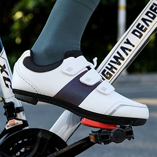 Men's Cycling Shoes Indoor Road Bike Shoes Reflective Hook-Ring Compatible Peloton with Delta Cleats,White,8.5