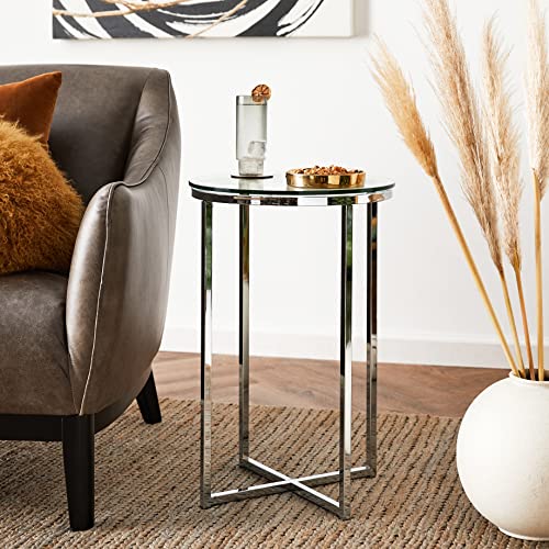 Walker Edison Cora Modern Glass Top Round Accent Table with X Base, 16 Inch, Glass and Chrome