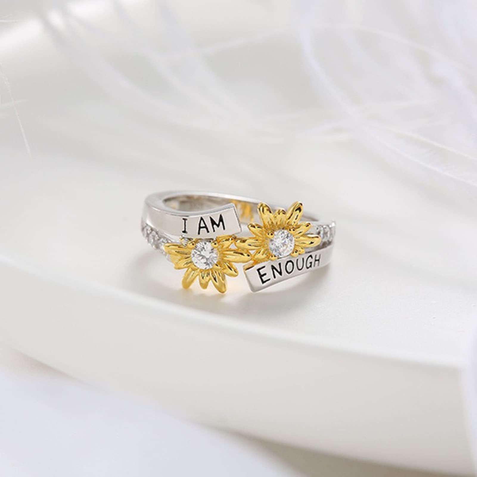 Inspirational Rings I am Enough Ring Bright Silver Gold Two Tone Daisy Flower Finger Ring Band Personalized Gift for Her (Silver Gold, 7)