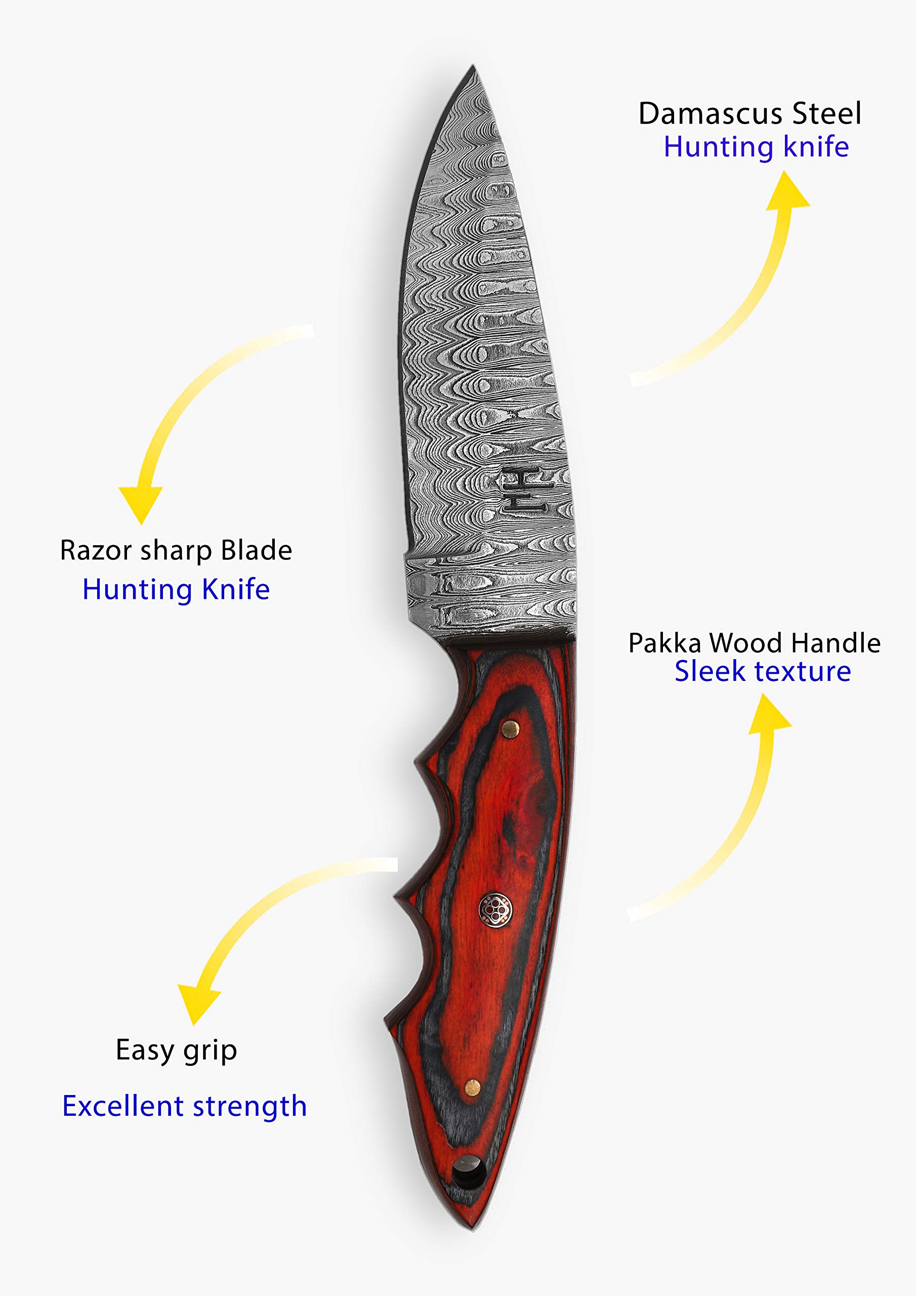 Hobby Hut HH-347 8.75 inches Damascus Steel Hunting Knife with Sheath, Fixed Blade Knife, Walnut Wood Handle Designed for Hunting Camping and Survival