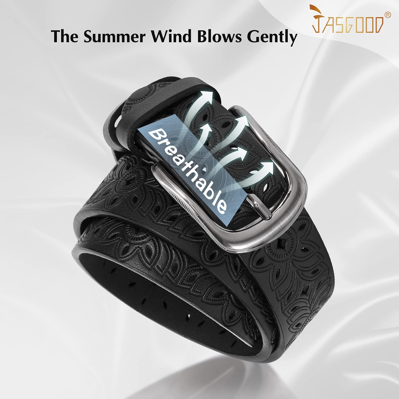 JASGOOD Hollow Leather Belt for Women, Wide Leather Belt for Jeans Pants with Pin Buckle
