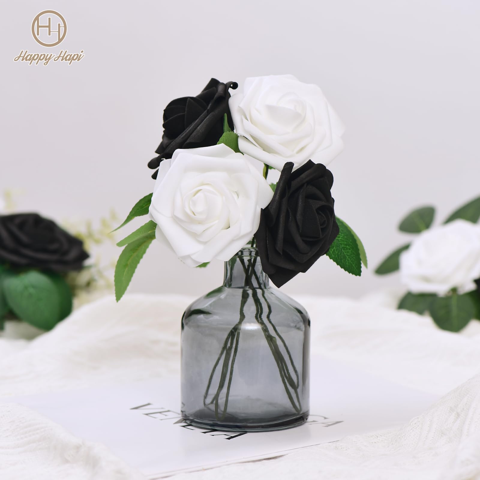 HappyHapi 40Pcs Artificial Flowers Roses Bulk Black&White Foam Fake Roses with Stems for Wedding, Bridal Shower Decorations Fake Flowers Centerpieces Tables Decorations