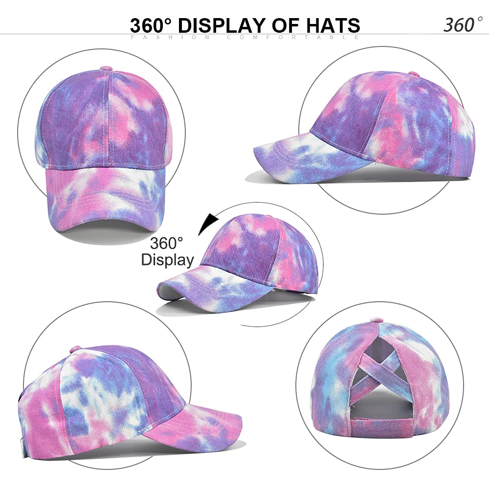 High Ponytail Baseball Caps for Womens Tie Dye Criss Cross Ponytail Hat Distressed Adjustable Trucker Hat Ball Cap