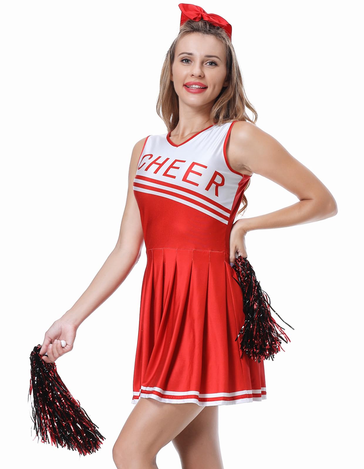 GRAJTCIN Womens Cheerleader Costume High School Girl Halloween Party Cheerleading Outfit with Pom Pom(Large, Red)