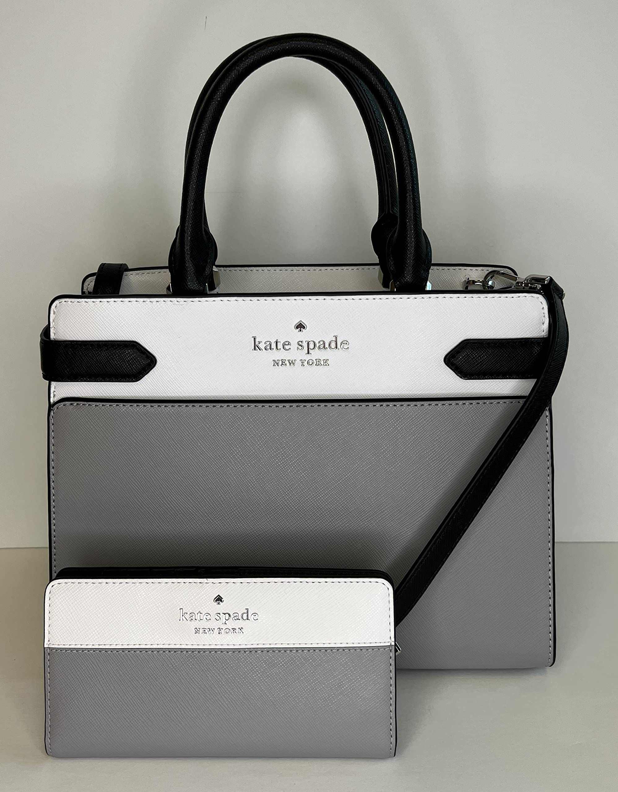 Kate Spade MD Satchel bundled with Bifold Wallet & Fur Pom (Nimbus Grey Colorblock)