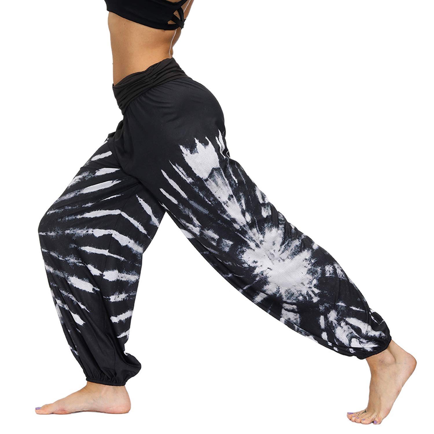Lu's Chic Women's Boho Hippie Pants Yoga Thai Indian Bohemian Summer Cinch Bottom High Waisted Printed Pants Black Style3 X-Large
