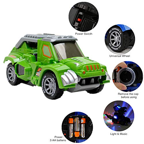 IROCH Automatic Transforming Dinosaur Car Toys 2-in-1 Dino Robot Vehicle Car Battery Power (Not Include) with LED Light Music for Kids Great Gifts (Green)