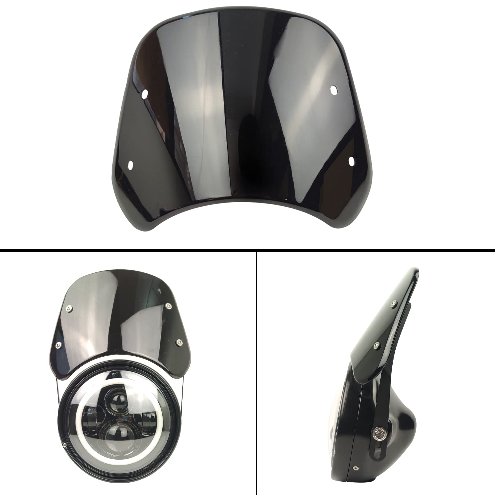 HARPUOU Universal Motorcycle Windshield Wind Deflector Windscreen Front Flyscreen with Mount for Motorbike 5"-7" LED Headlight