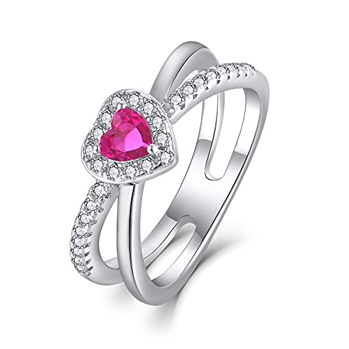 JO WISDOM Heart Rings for Women,925 Sterling Silver Ruby-Coloured Birthstone Heart Shaped Promise engagement rings for Women Size 10