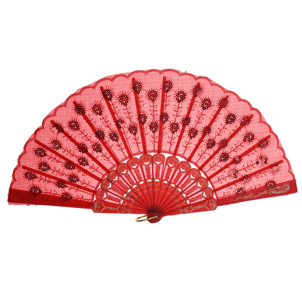 Kavolet Chinese Style Dance Wedding Party Lace Silk Folding Hand Held Flower Fan Party Performance Hand (Color : Red)