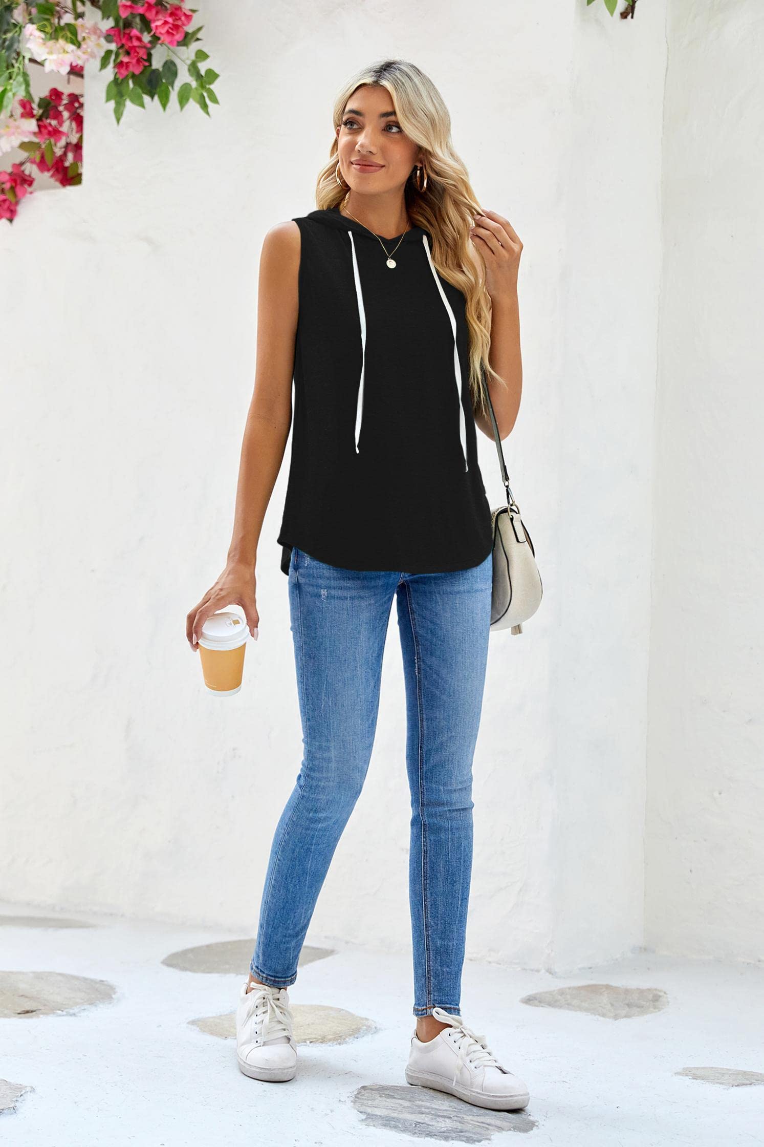 Mafulus Women Sleeveless Hooded Tank Tops Drawstring High Low Hem Solid Casual Workout Summer Cami Shirts Black