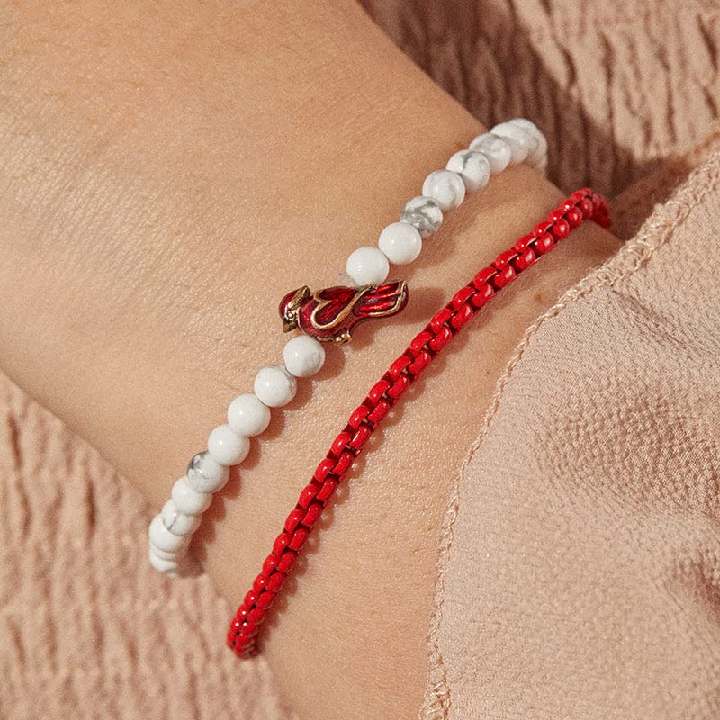 Luca + Danni Red Cardinal Stretch Bracelet with White Howlite Beads For Women - Brass Tone Regular Size Made in The USA