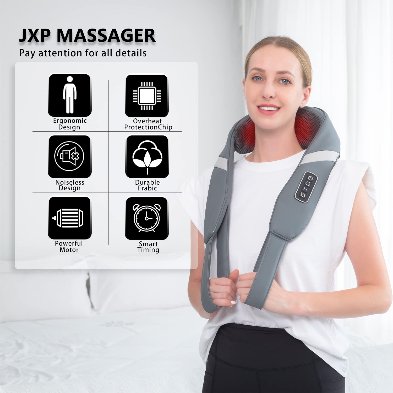 JXP Neck Massager, Deep Tissue 3D Shiatsu Kneading Neck and Back Massager, Updated Version Portable Neck Massager with Heat,Shoulder Massager Pillow for Home/Office/Car, Best Gift