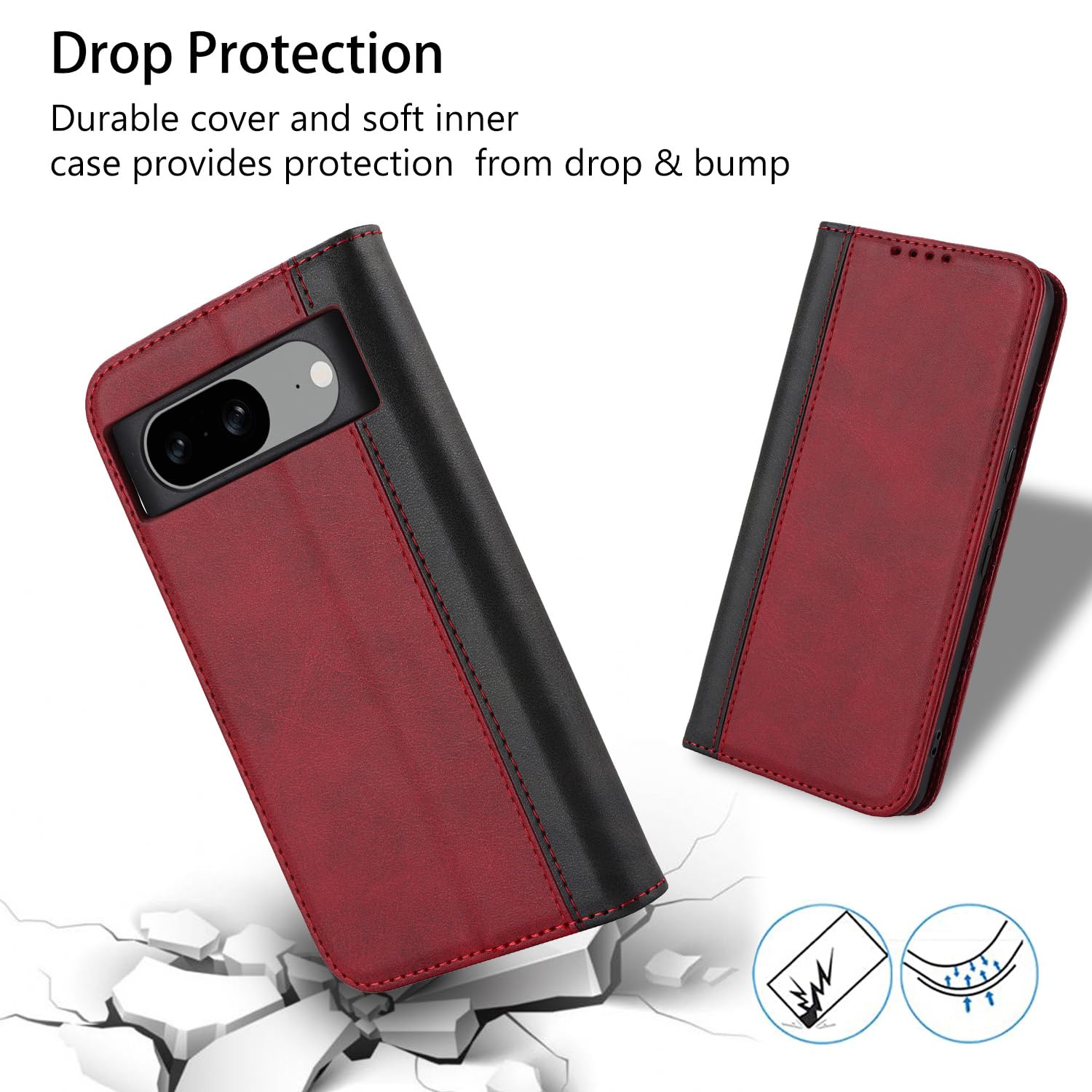 Havaya for Pixel 8 Case wallet with Card Holder google pixel 8 phone Case for women Flip folio leather phone Cover with Credit Card Slots for men-Red and black