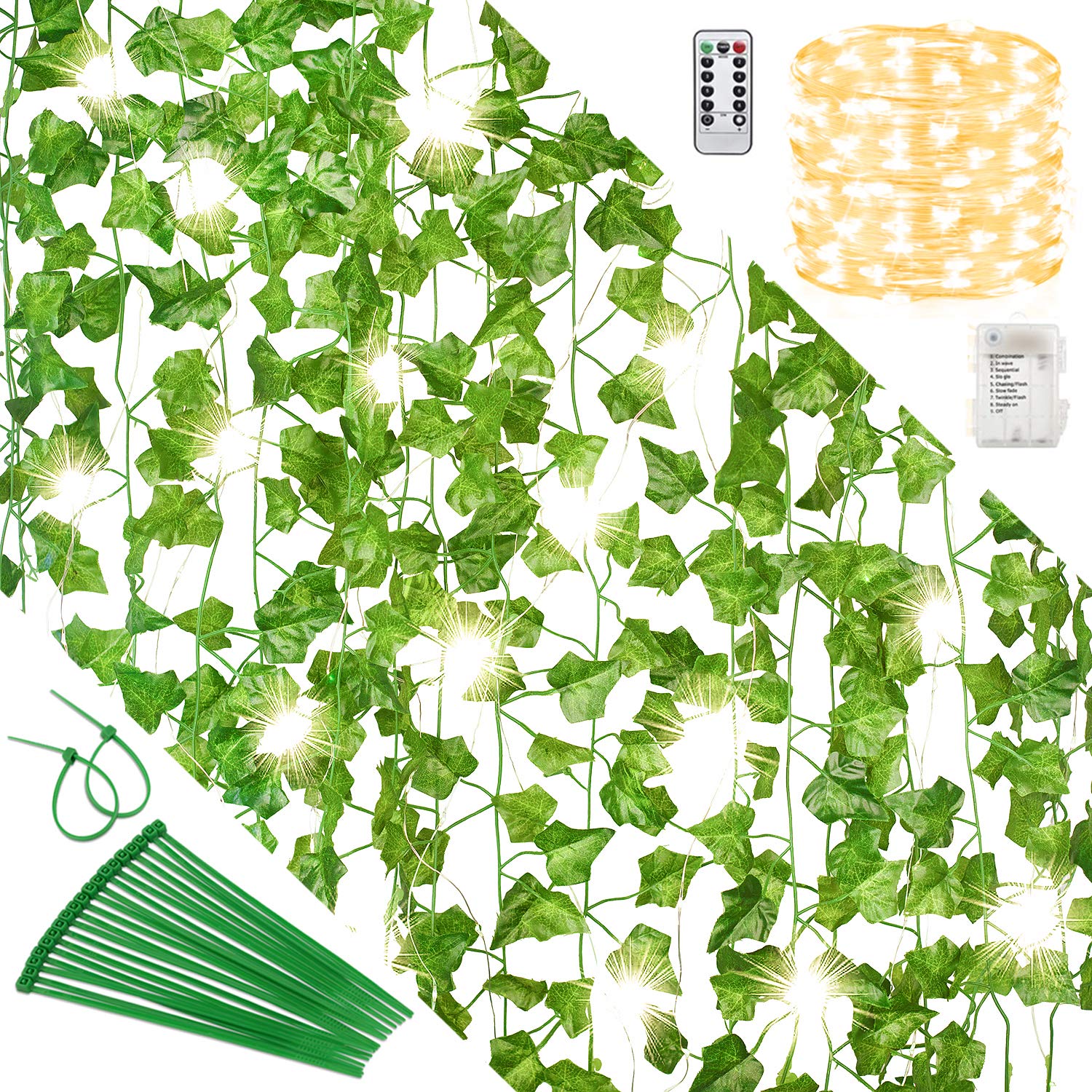 GPARK 84Ft 12Pack / Each 82 inch Artificial Ivy Garland Fake Vines Leaf Plants with 100 LED (32ft) String Lights and Remote Control Hanging for Window Backdrop Bedroom Party Room Garden Wall