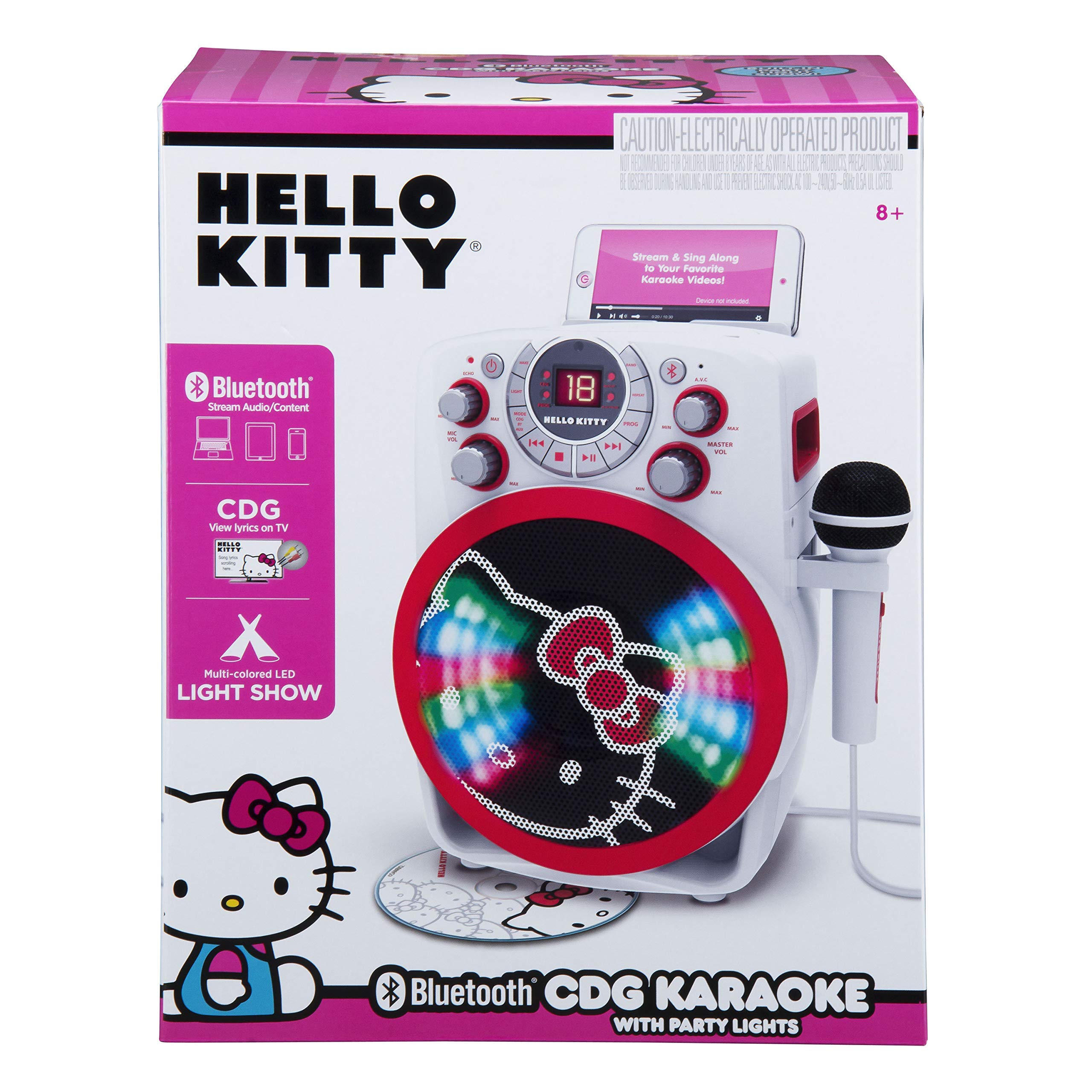 Hello Kitty Bluetooth CDG Karaoke Machine with LED Disco Party Lights, Built in Microphone for Kids, Portable Bluetooth Speaker, AVC, CDG Disks, Compatible with Samsung Apple Tablets MP3 and TV