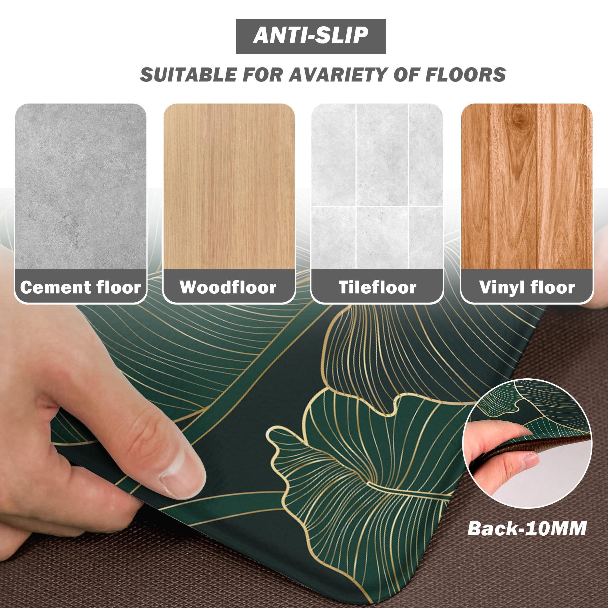 Kitchen Mats for Floor Cushioned Anti Fatigue Mats for Kitchen Floor Green Kitchen Floor Mat Memory Foam Boho Kitchen Rugs Luxury Kitchen Runner Kitchen Rugs Sets of 2, 17.3x28 + 17.3x47, 0.4 inches
