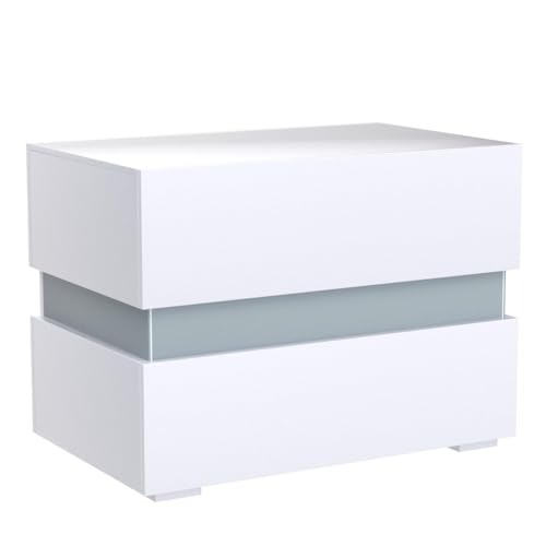 HALLOLURE Nightstand Modern Low Profile White Nightstand with Drawers and LED Light 17.7" Tall Night Stand Bed Side Table for Bedroom, Platform Bed