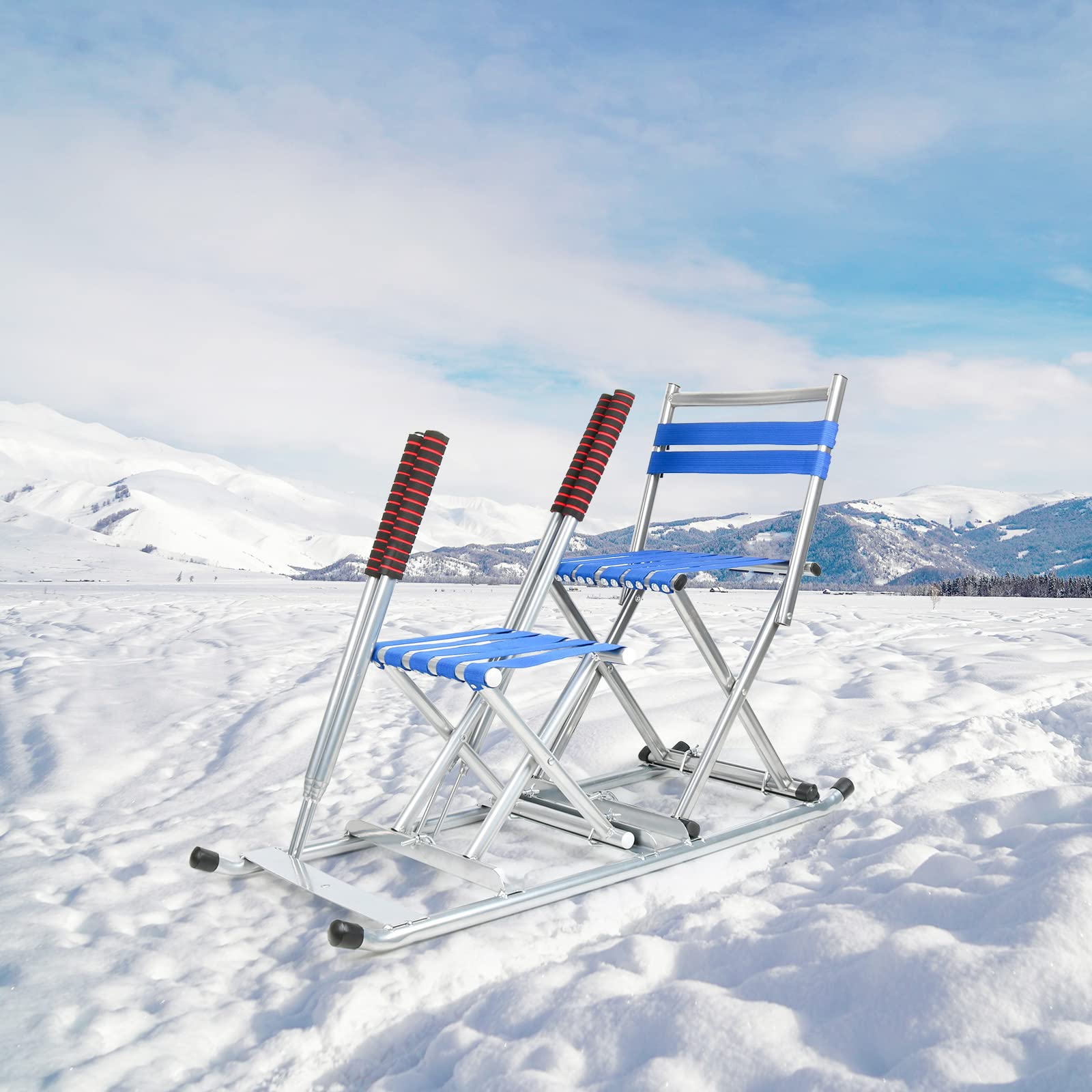 JELLYRATTBIT Snow Sled with Backrest and Seat Ski Sled Snow Racer for Skating and Skiing, Holds 2 Children or Adults, Silver