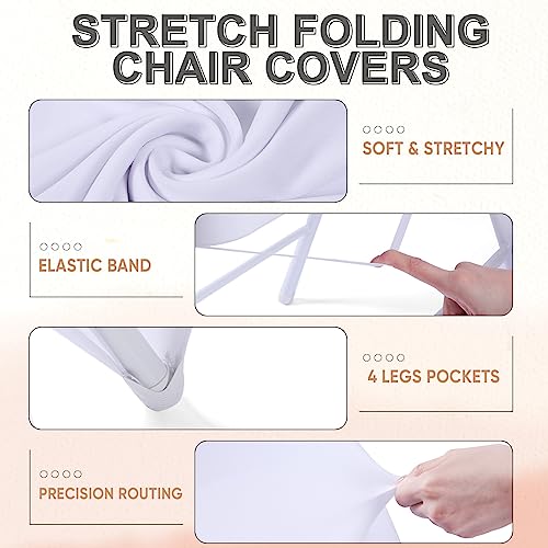 Windyun 50 Pcs Stretch Folding Chair Cover and Sequin Chair Sashes Universal Spandex Chair Slipcovers Double Sided Sequin Bows Washable Chair Protector for Wedding Birthday Banquet (White, Rose Gold)