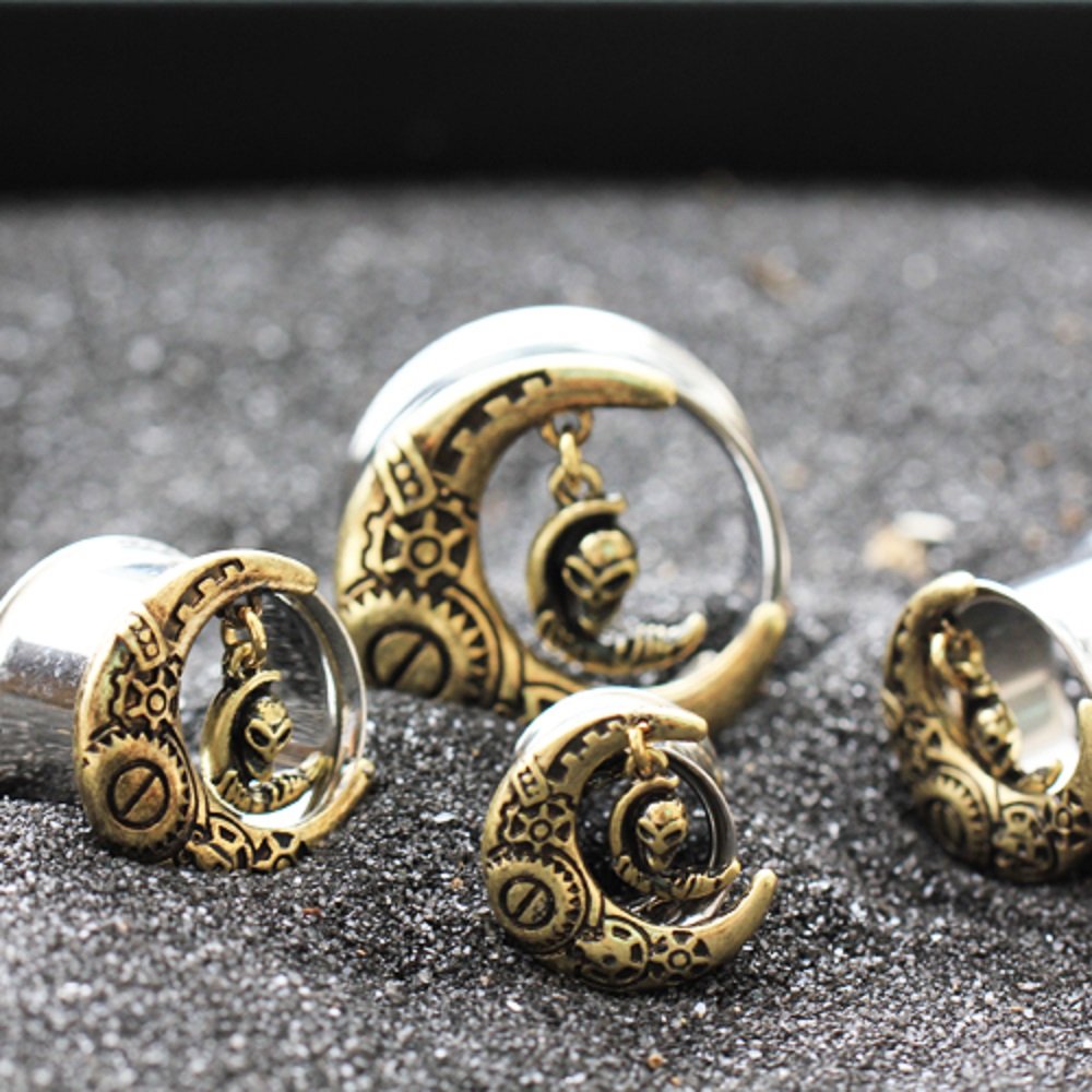 Gold Plated Steam Punk Crescent Moon Tunnel WildKlass Plug with Alien Dangle (00GA)