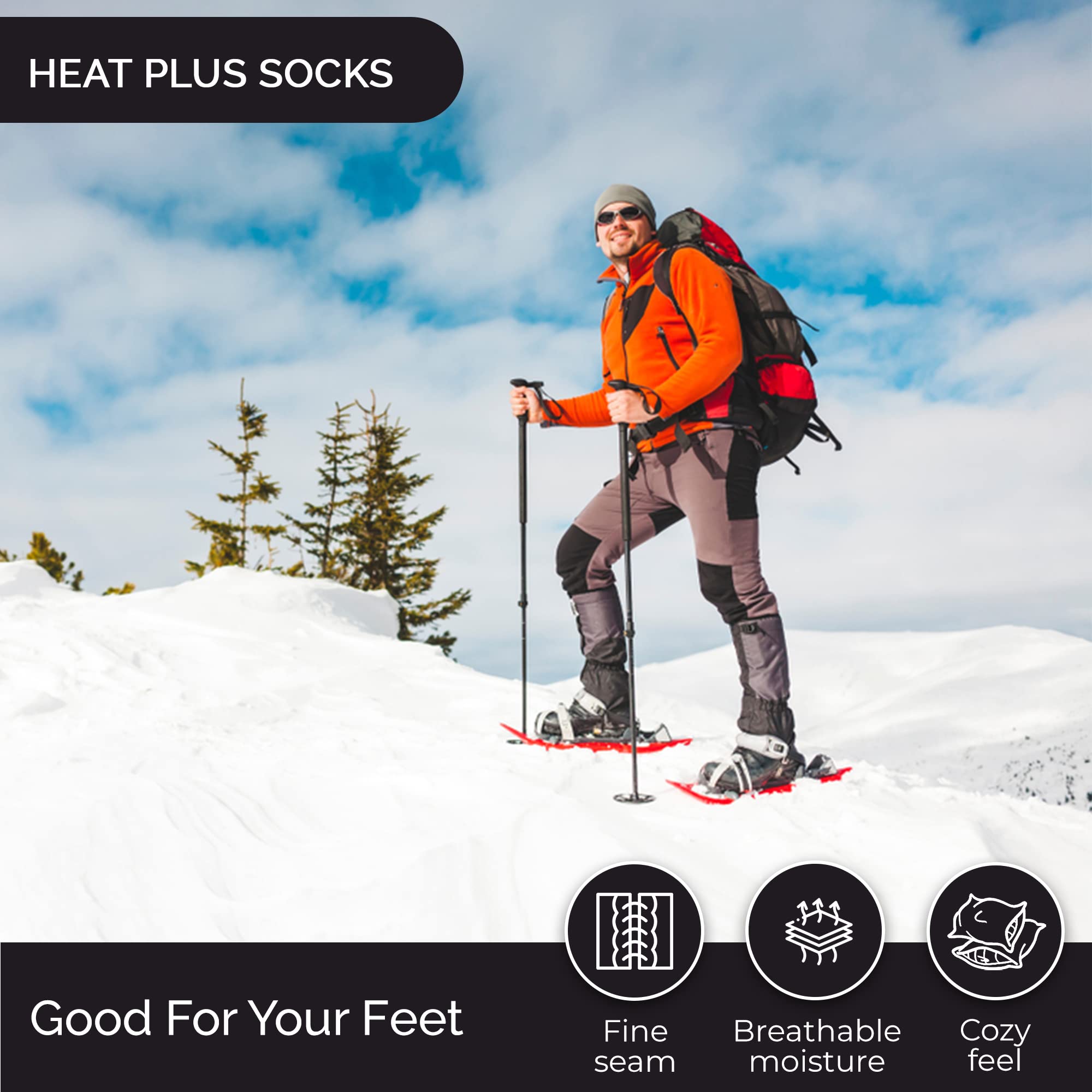 Kodiak Men's Heat Plus Thermal Crew Camp Ski Socks with Thick Brushed Cushioning, 2 Pairs, Size 7-12, Grey Red